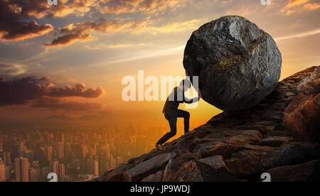 Business man pushing large stone up to hill , Business heavy tasks and ...