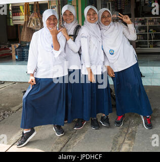Cheerful Muslim schoolgirls in school uniforms posing for camera ...