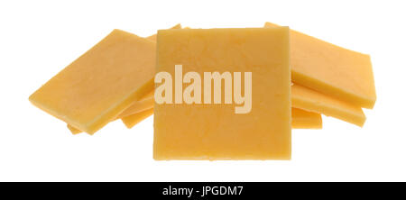 Side view of several slices of gouda cheese in a row isolated on a ...