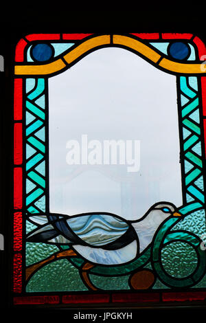 Stained glass window of Saltburn Funicular Tramway, with view of town ...