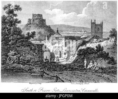 An engraving of Launceston Castle from the Prison Gate, Cornwall ...