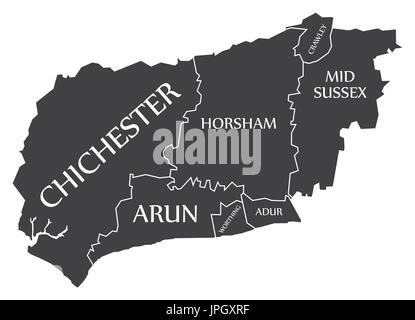 Modern Map - West Sussex county with cities and districts England UK ...