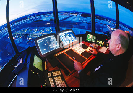 air-traffic control-tower visual control room windows with radar on ...