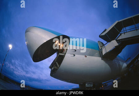 nose cargo loading door of a Boeing 747-200F opening at dawn Stock ...
