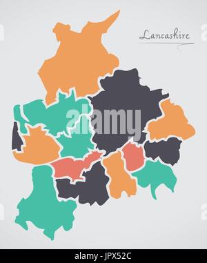 Modern Map - Lancashire county with districts England UK illustration ...