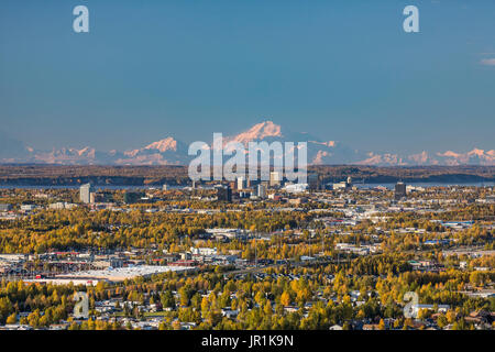 Aerial View Of Downtown Anchorage, Denali And The Alaska Range, And ...