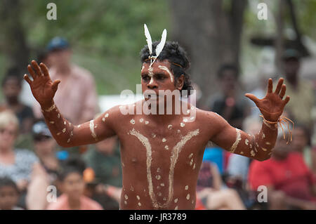 Australian aboriginal dancing at a corroboree. Body painted with pipe ...