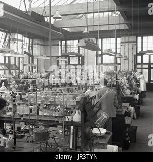 1950s, historical, male and female lab technicians in white coats ...