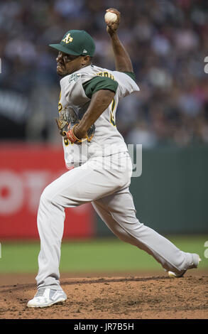 Oakland Athletics relief pitcher Simon Castro reacts after giving up a ...