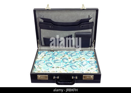 A briefcase full of the newly introduced currency of the United Kingdom ...