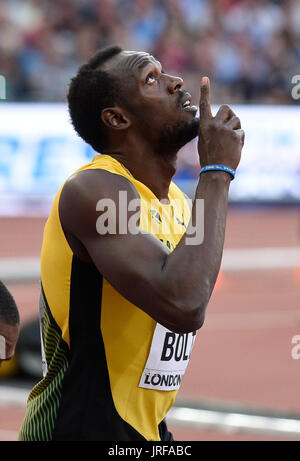 LONDON, Britain - Jamaican sprinter Usain Bolt (C front), three-time ...