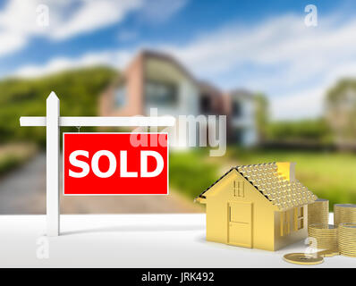 3d rendering sold house sign with gold house model Stock Photo - Alamy