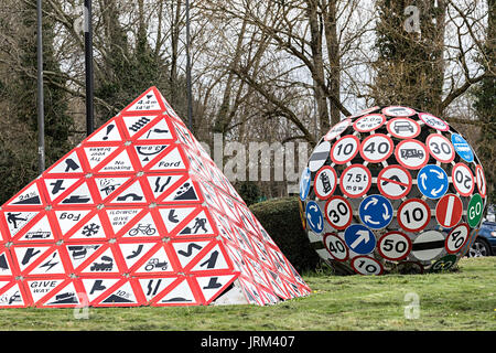 Road sign sculptures on the Magic Roundabout, Cardiff, Wales, UK Stock ...
