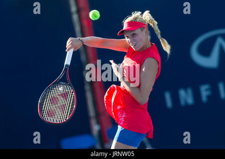 Carson Branstine during her match against Aryna Sabalenka on day one of ...