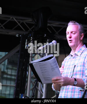 Manchester, UK, 5 August 2017. Tony Walsh, aka Longfella, reciting his ...