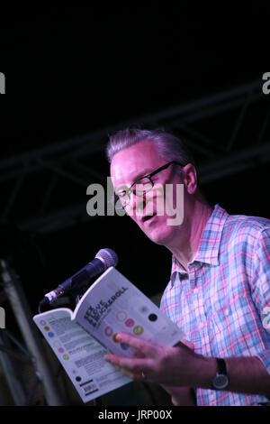 Manchester, UK, 5 August 2017. Tony Walsh, aka Longfella, reciting his ...