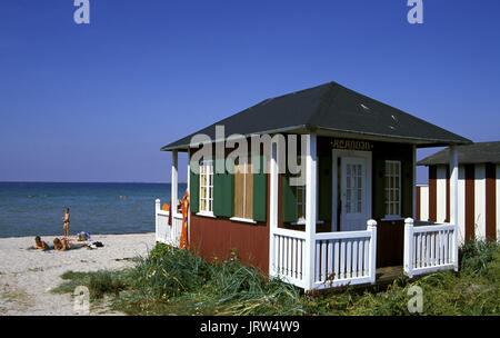 Beach huts at Vester Strand of Aerösköbing, Aeroe island, Fyn, Denmark ...