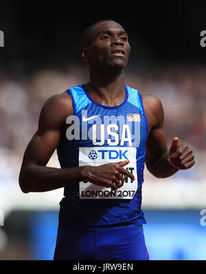 London, UK. 7 August 2017. Kerron Clement (USA) at the starting blocks ...