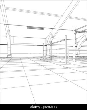 Industrial building constructions indoor. Tracing illustration of 3d ...