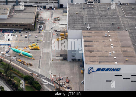 aerial view of hangers, Boeing Renton factory, Washington State, USA ...