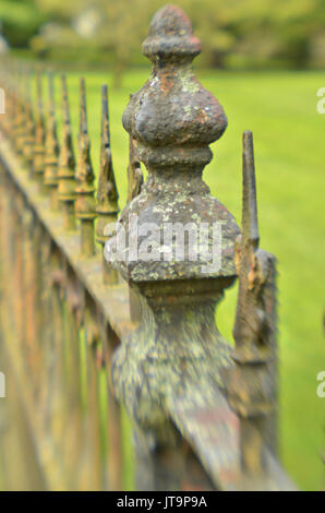 vintage iron fence posts weather mossy Stock Photo - Alamy