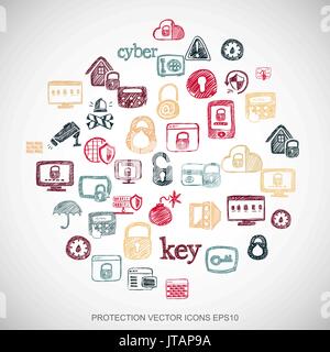 Multicolor doodles Hand Drawn Security Icons set on White. EPS10 vector ...