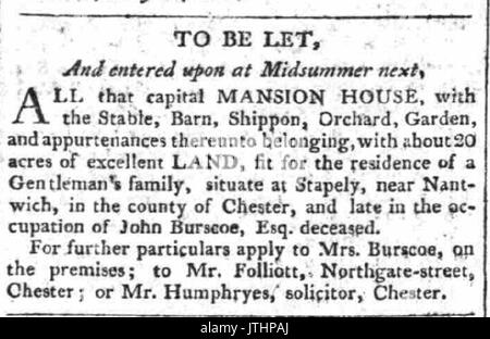 To let ad for Stapeley House in 1809 Stock Photo - Alamy