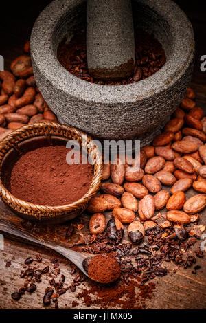 cacao beans and cacao powder in spoon Stock Photo - Alamy