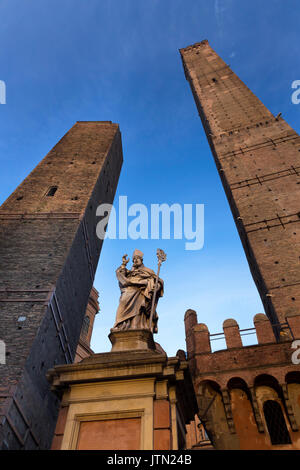 Garisenda Tower, Statue of St Petronius and Asinelli Tower, Bologna ...