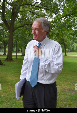 Democratic Massachusetts Senator Ed Markey on stage at Boston City Hall ...