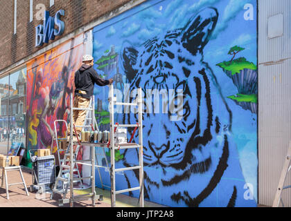 Street artist Scotty Brave spraying a commissioned street art work in ...