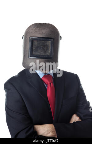 Repair man wearing professional welding mask over head covering face ...