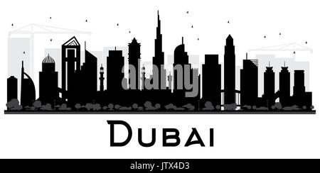 Dubai city skyline horizontal banner. Black and white silhouette of ...