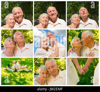 Collage of happy elderly people on color background Stock Photo - Alamy