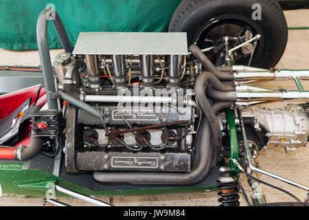 Close-up of a Coventry Climax engine in a Classic Lotus Race Car, at ...