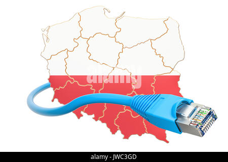 Internet connection in Poland. Lan cable with Polish flag. 3D rendering ...