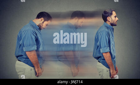 Side profile of a young chubby man transformation into a slim happy ...