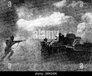 The Battle of El Alamein. A German tank surrenders to a British ...