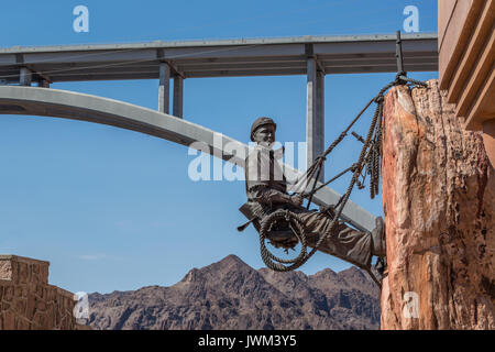 Bronze sculpture of a "high scaler", Hoover Dam, Arizona, Nevada, USA ...