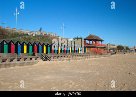 Colourful beach huts on Lowestoft promenade. Captured on a bright and ...