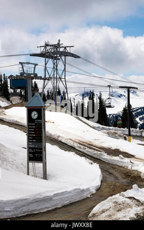 runs and lift status board with chairlift and skiiers in the background ...