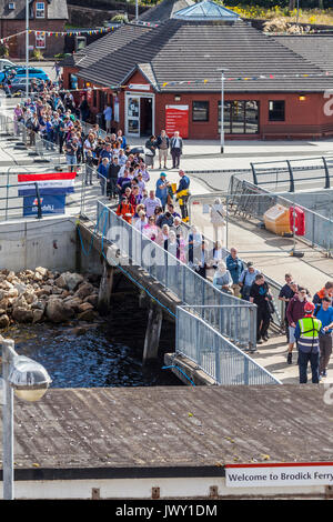 Passengers waiting at Brodick Pier to board the Arran Ferry, while ...