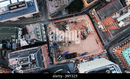 Birds eye view of a roof construction site. Professional bitumen ...