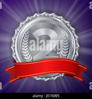 Silver 2st Place Medal Vector. Metal Realistic Badge With Second ...