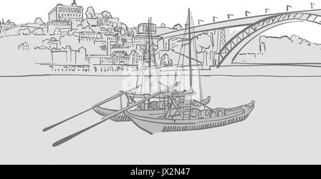 Porto skyline, outline. Vector drawing of skyline, outline, Portugal ...
