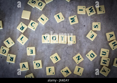 Various scrabble type pieces used to make the word ELECTION on a ...