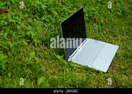 Laptop computer on green grass with coffee cup and tablet in outdoor ...