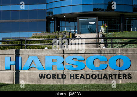 A logo sign outside of the headquarters of the Harsco Corporation in ...