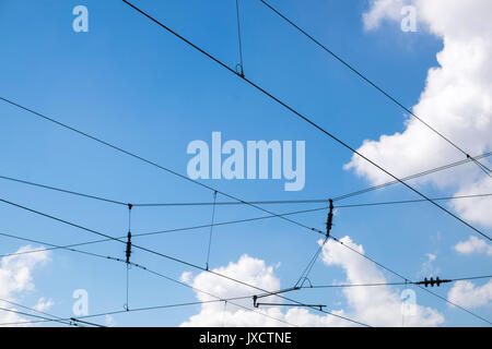 Overhead railway electricity supply wire, cantilever arm and support ...
