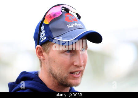 England captain Joe Root speaks at a press conference during the nets ...